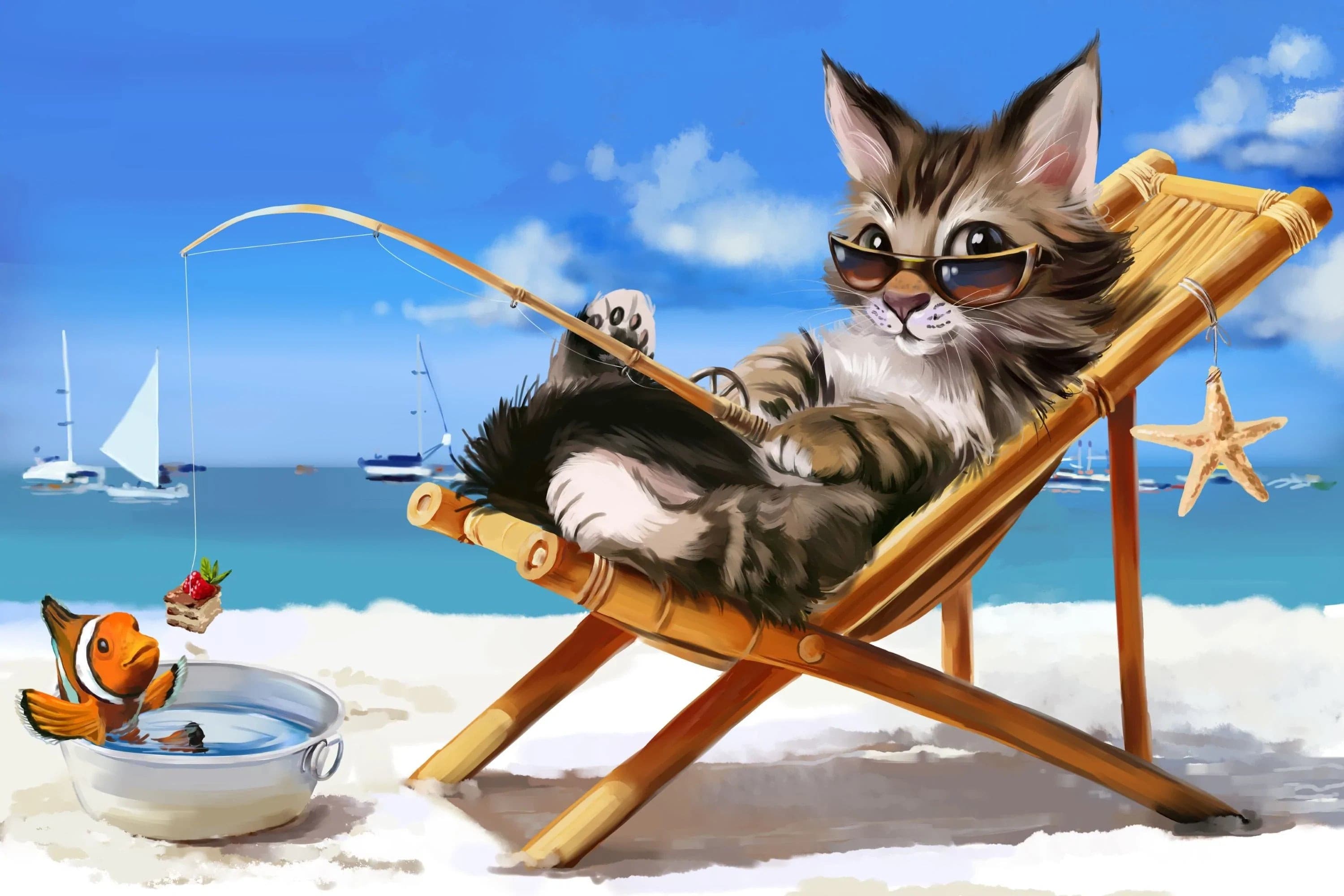Chat Pecheur Au Bord de La Mer | Diamond Painting | Broderie Diamant